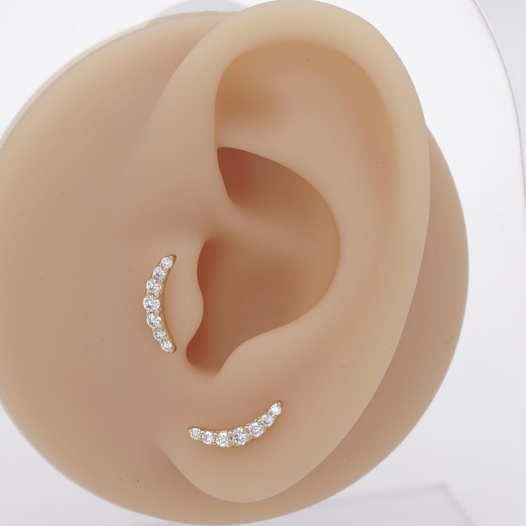 18K Solid Gold Moon Lab Diamond Cartilage Stud Threadless Push-in Tragus Stud Fine Conch Stud ...