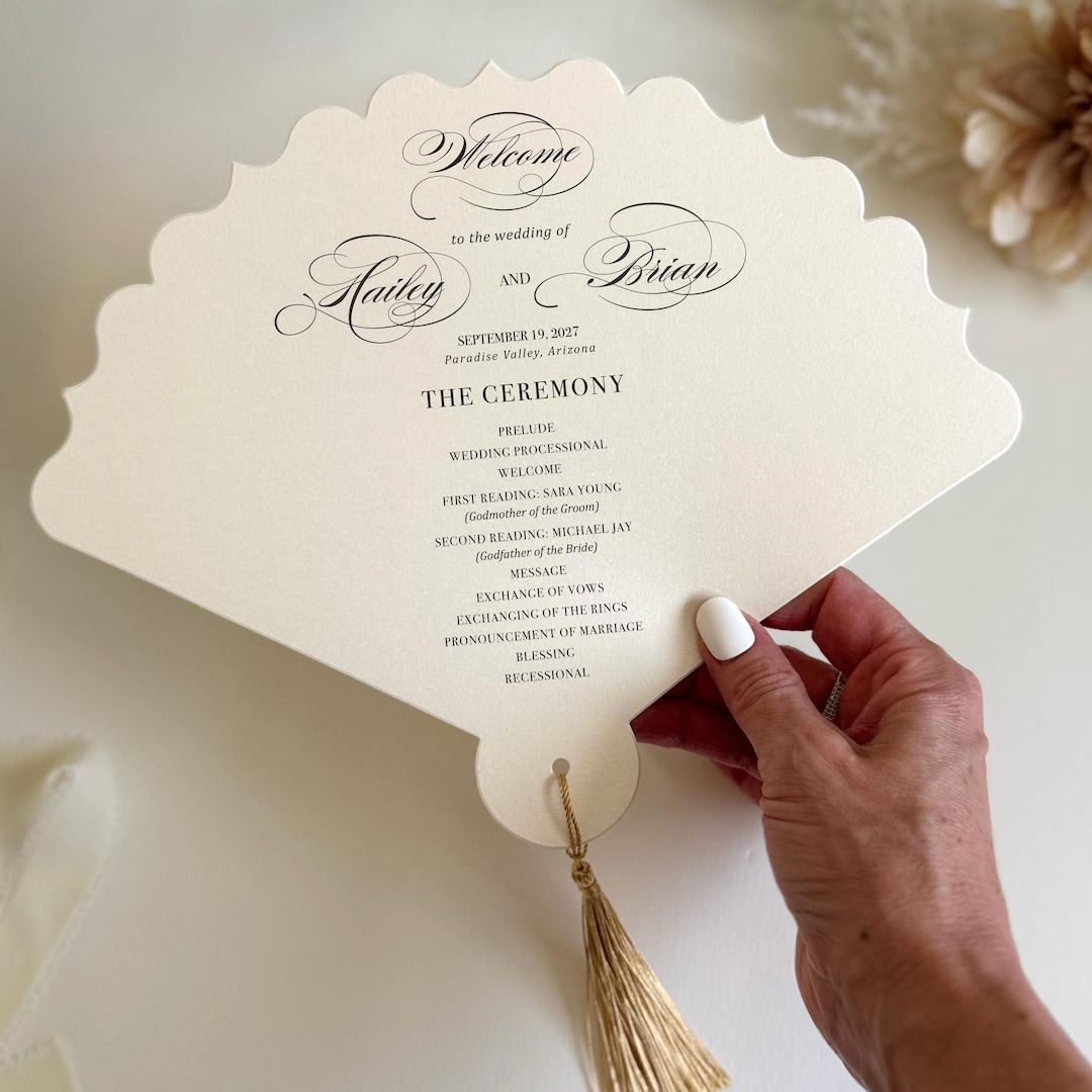 Wedding Ceremony Program Fan With Tassel Scallop Shape Printed Wedding ...