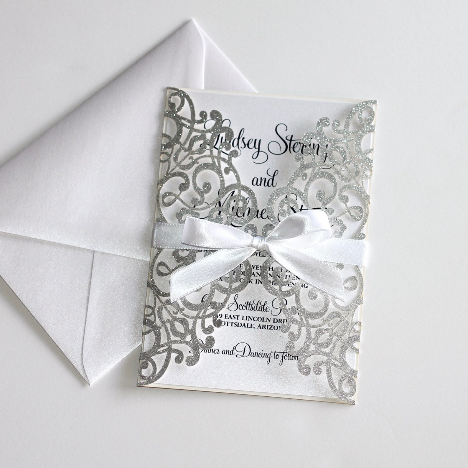 Silver Glitter Invitation Lace Wedding Invitation Elegant | Etsy