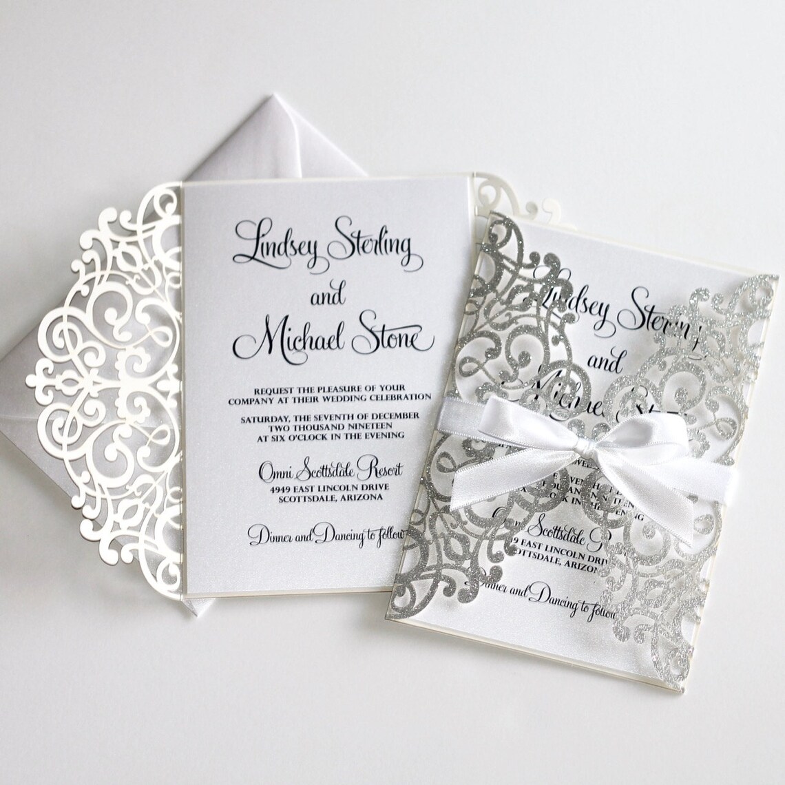 Silver Glitter Invitation Lace Wedding Invitation Elegant | Etsy
