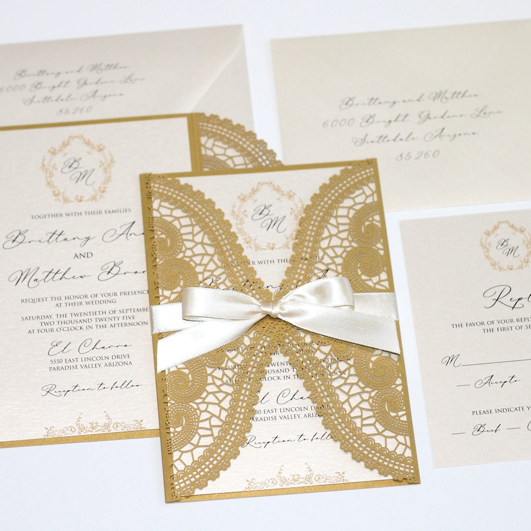 Gold and Ivory Wedding Invitation, Elegant Lace Invitation, Laser Cut ...
