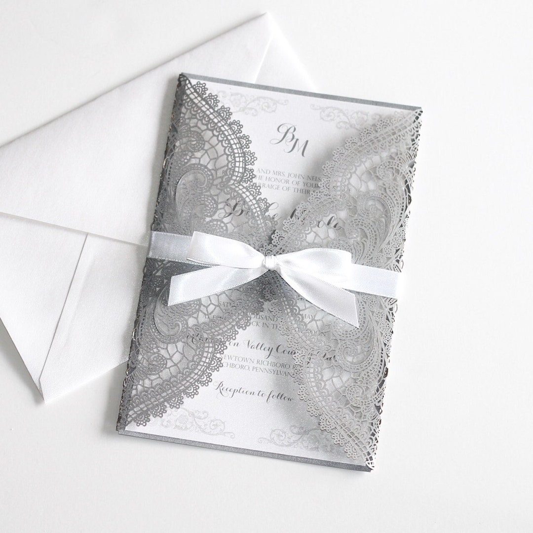 Silver Wedding Invitation Elegant Lace Wedding Invite Vintage Glam ...