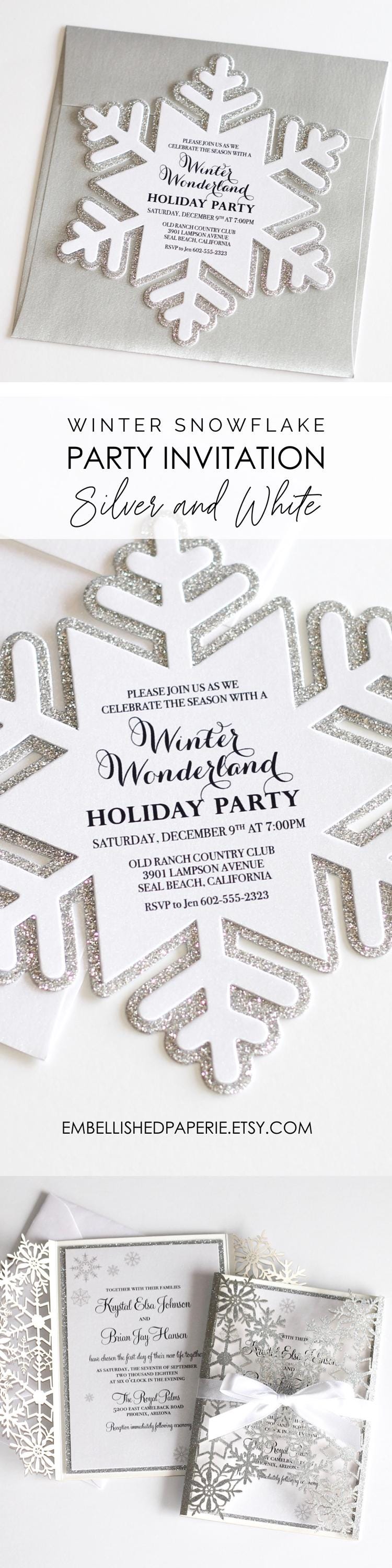 Christmas Party Invitation Winter Wonderland Invite Snowflake Silver ...