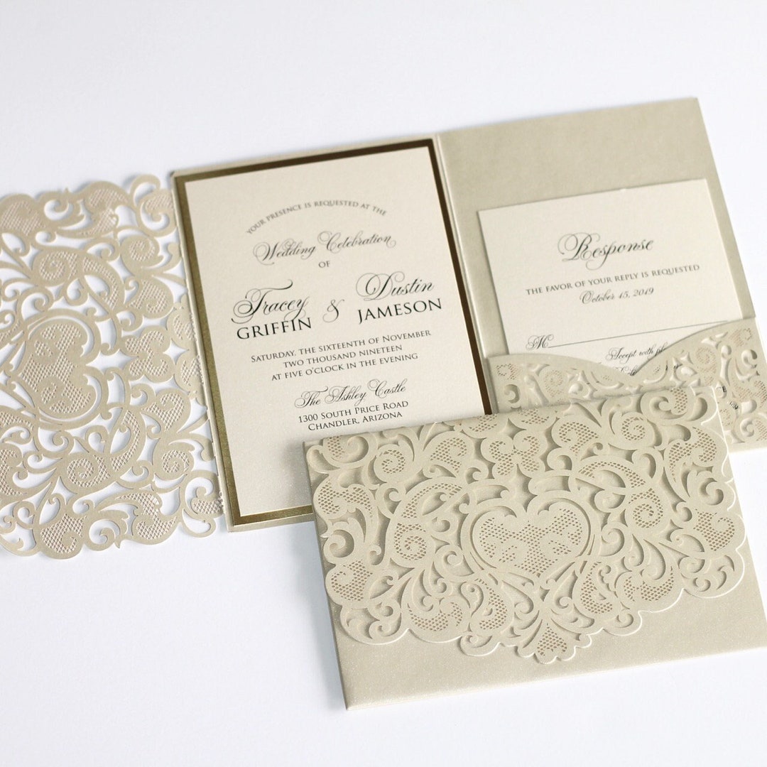 Custom Damask Wedding Invitation Champagne Gold Laser Cut Invitation ...