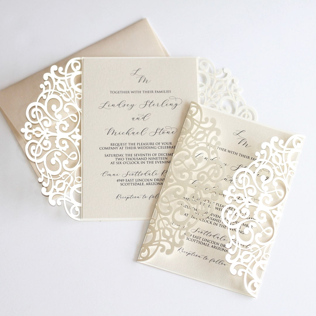 Custom Ivory Wedding Invitation Champagne Scroll Ornate Laser Folder ...