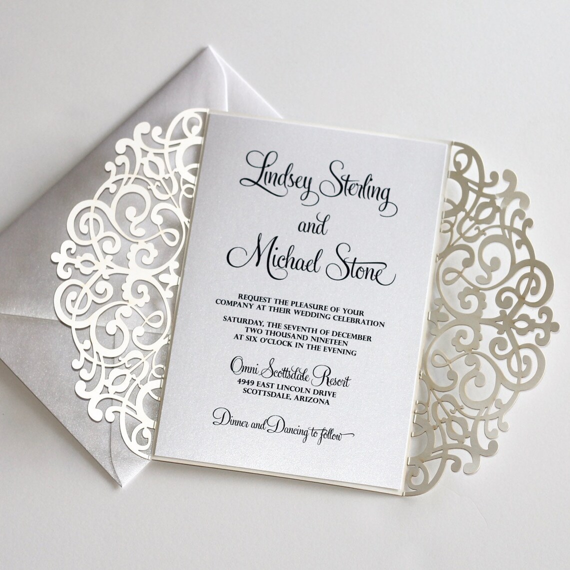 Silver Glitter Invitation Lace Wedding Invitation Elegant | Etsy