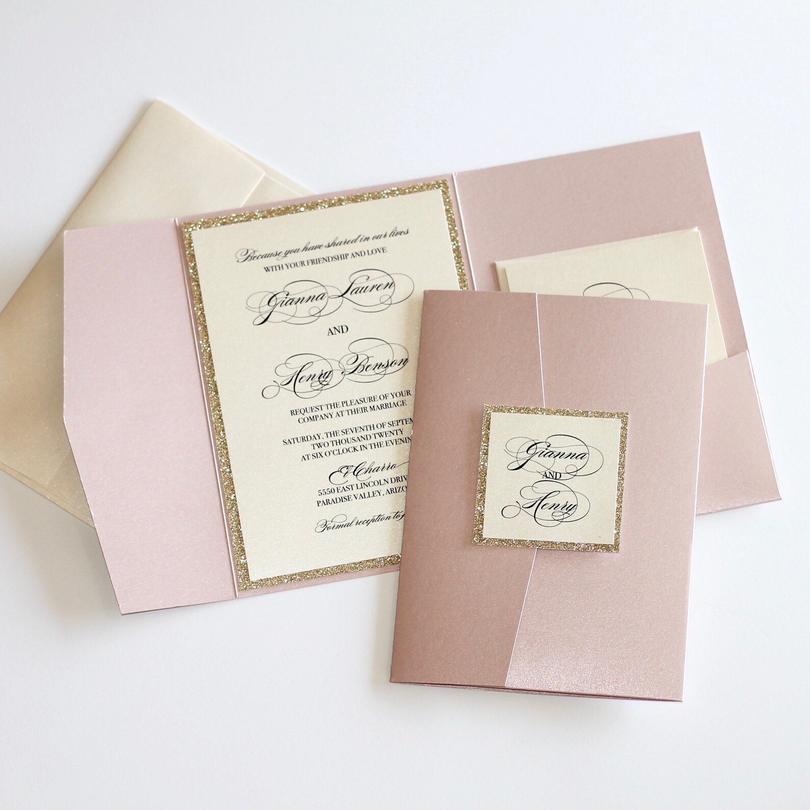 Rose Gold Wedding Invitation Custom Pocket fold Elegant | Etsy
