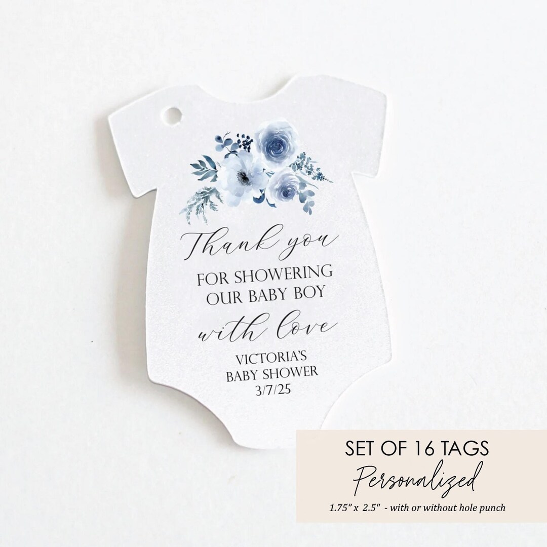 Baby Shower Favor Tag Boy Shower Thank You Tag Bodysuit Tag Blue Floral ...