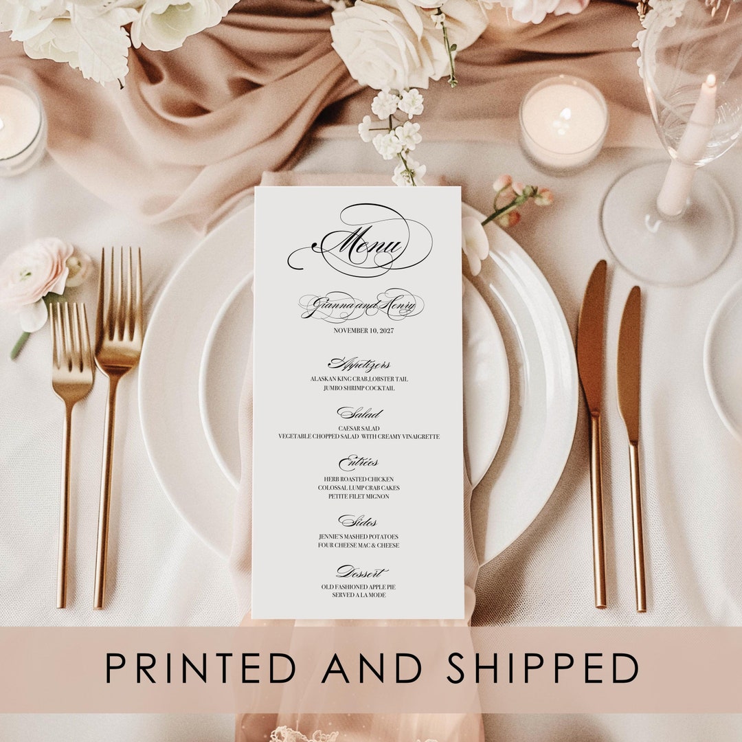 Printed Wedding Menu Card Elegant Calligraphy Wedding Menu Table Decor ...