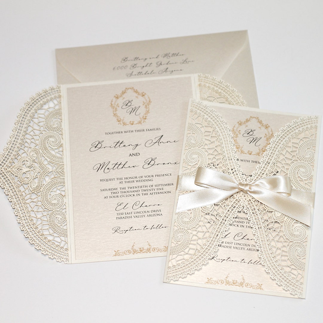 Ivory Lace Wedding Invitation Elegant Gold Wedding Invite Laser Cut ...