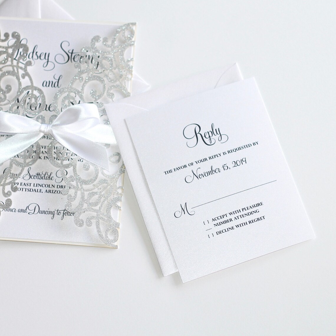 Silver Glitter Invitation Lace Wedding Invitation Elegant | Etsy