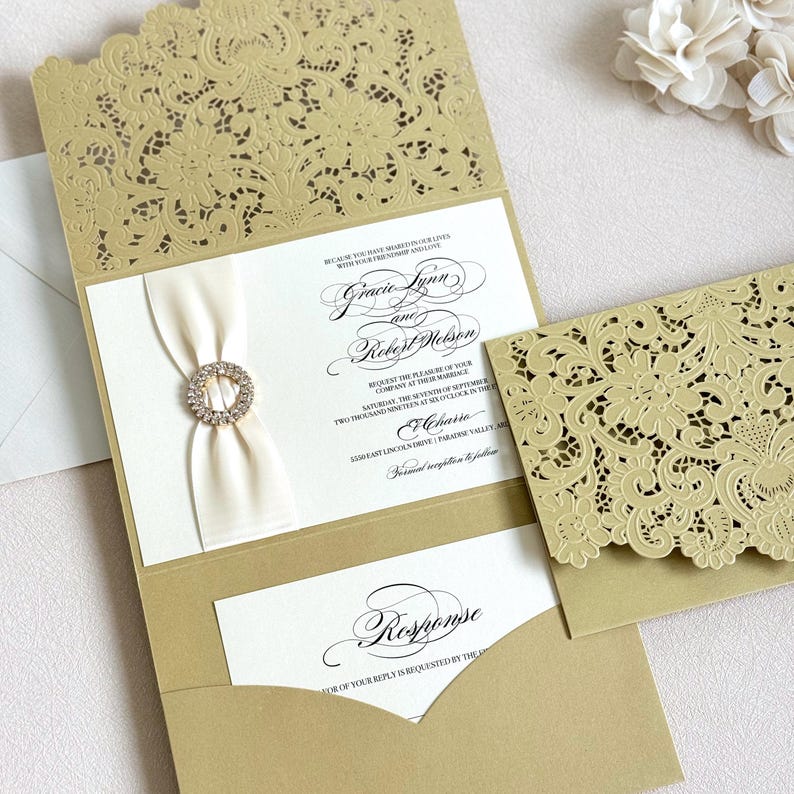 Gold Custom Wedding Invitation Suite Laser Cut Elegant Wedding Invite ...