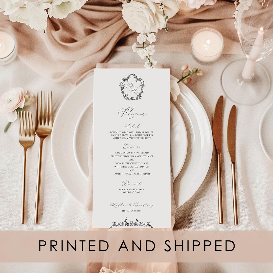 Monogram Wedding Menu Printed Reception Menu Wedding Decor Elegant ...