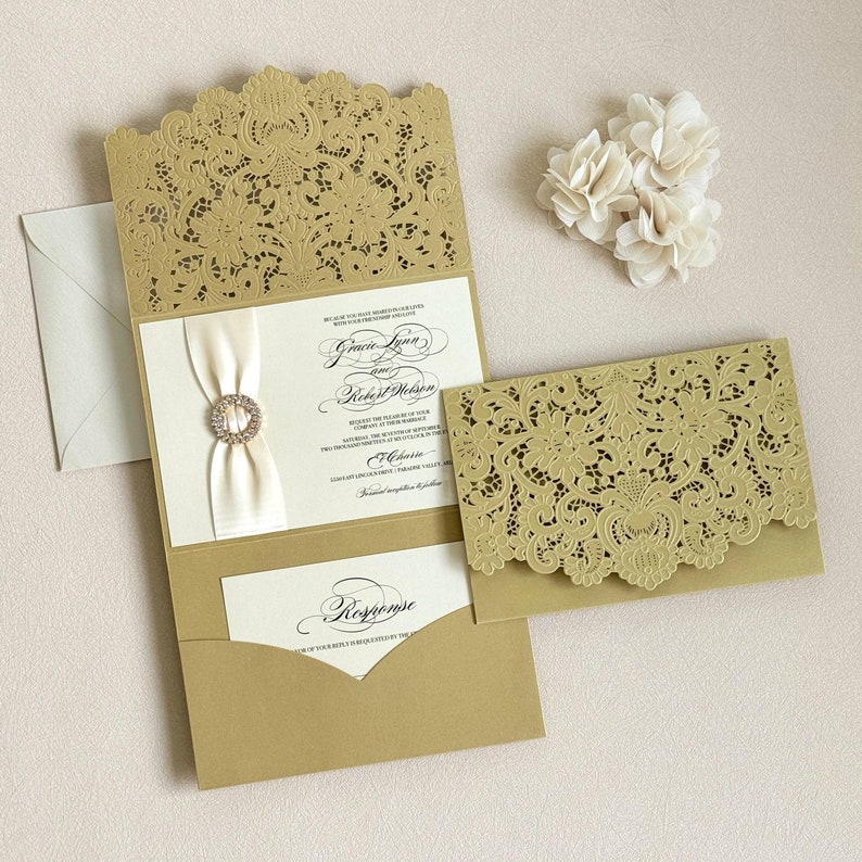 Gold Custom Wedding Invitation Suite Laser Cut Elegant Wedding Invite ...