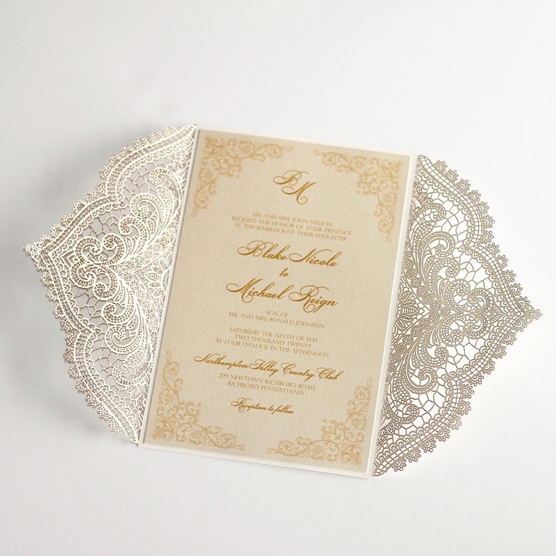 Gold and Ivory Wedding Invitation Set Victorian Lace Wedding Invitation ...
