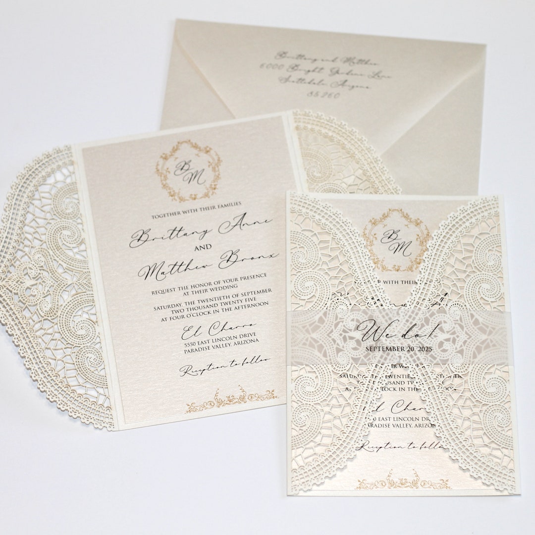 Ivory Lace Wedding Invitation, Elegant Gold Wedding Invite, Laser Cut ...