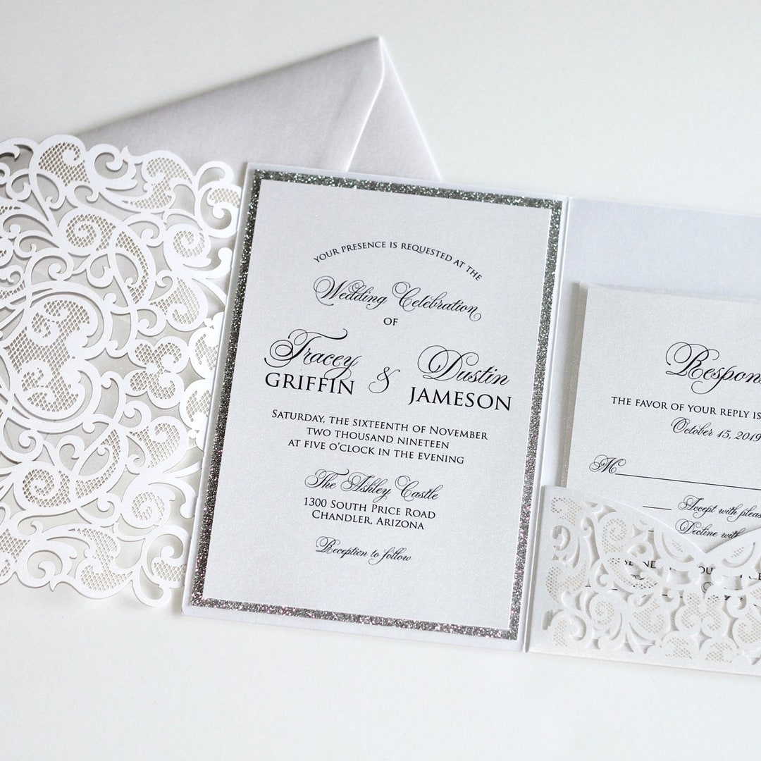 Elegant Silver Glitter Wedding Invitation Laser Cut Invitation White ...