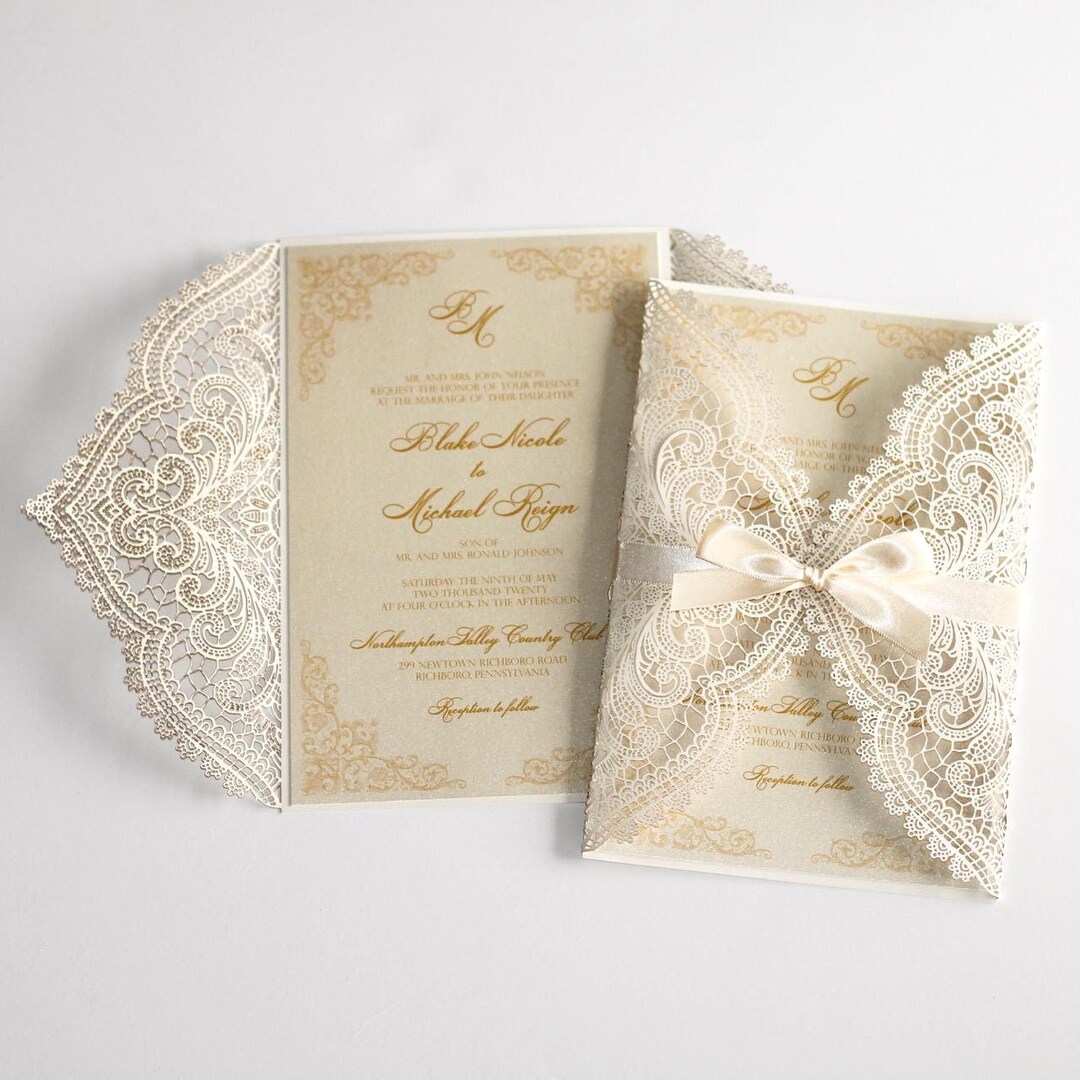 Gold and Ivory Wedding Invitation Set Victorian Lace Wedding Invitation ...