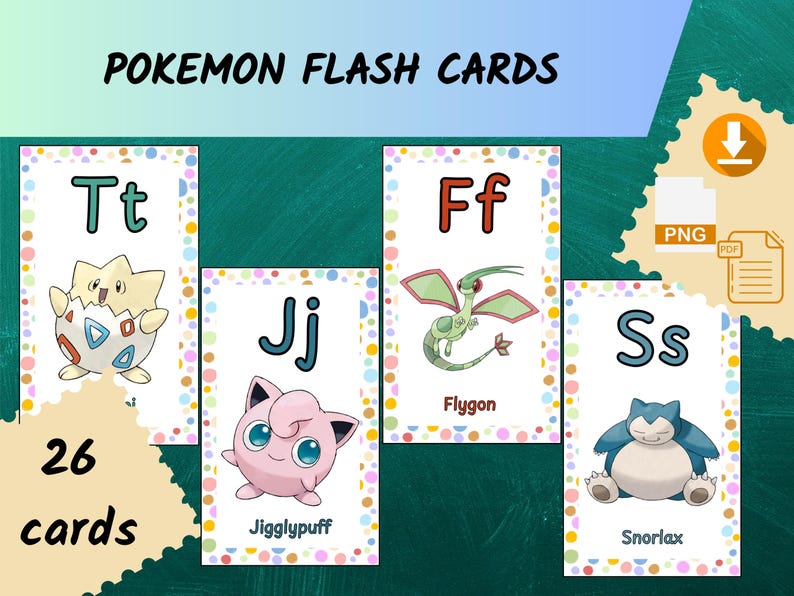 26 Pokemon Alphabet Flashcards for Toddlers Kids Kindergarten Preschool ...