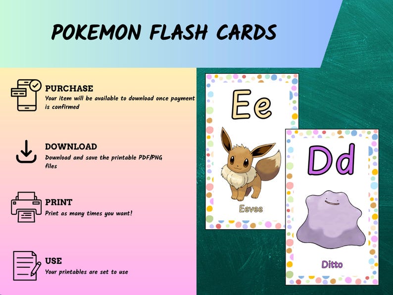 26 Pokemon Alphabet Flashcards for Toddlers Kids Kindergarten Preschool ...