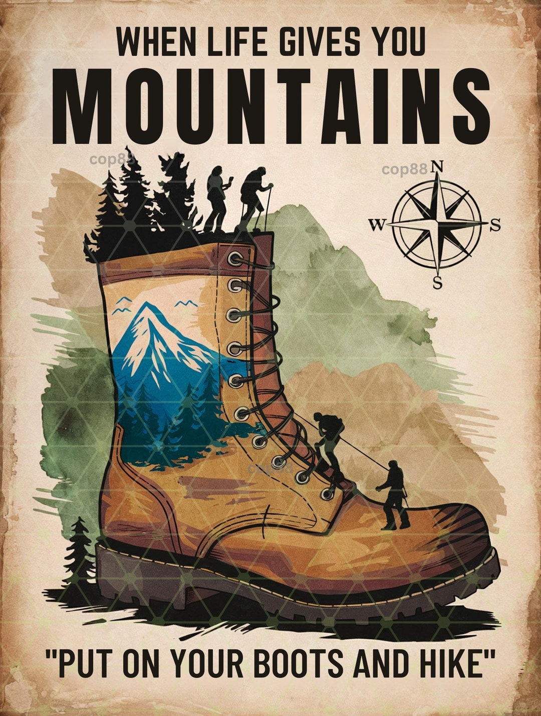 Adventure Quote Digital Print - Hiking Boot and Mountain Design ...