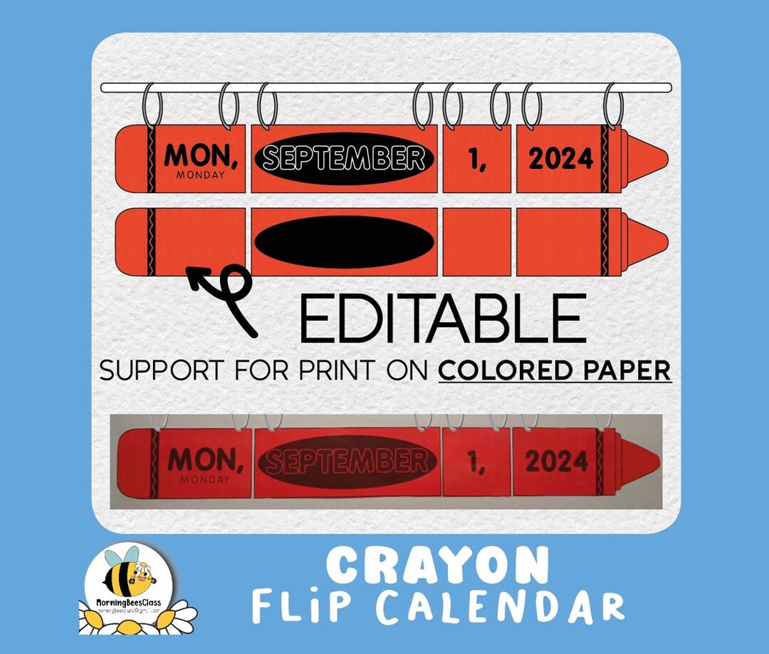Flip Calendar Editable Hanging Crayon Classroom Calendar Perpetual ...