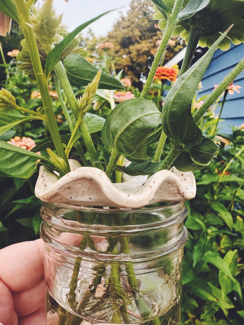 Handmade Ceramic Flower Frog With Speckled Glaze and Ruffled Edges for ...