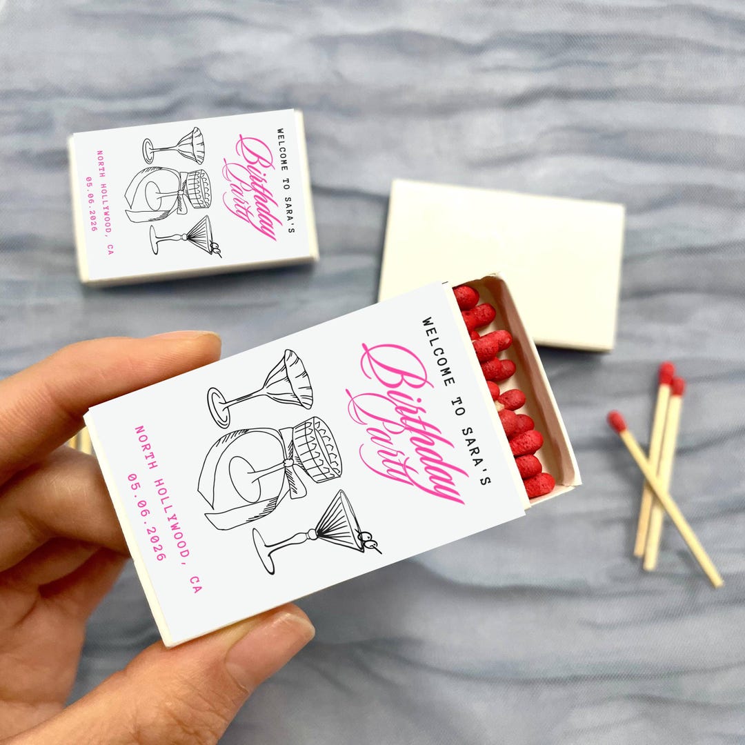 Custom Martini Birthday Match Boxes, Birthday Party Favor Matches ...