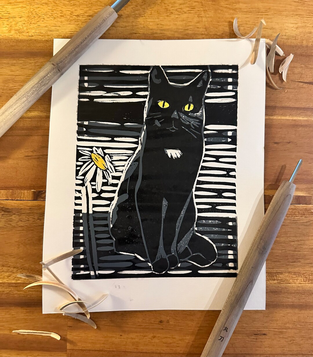 Black Cat | Woodblock Print With Chine Colle | Original Art | Signed ...
