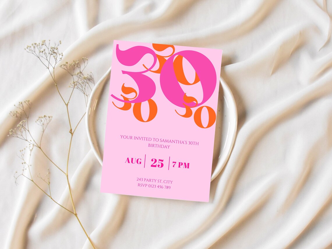 Pink and Orange 30th Birthday Invitation Template, Customisable 30th ...