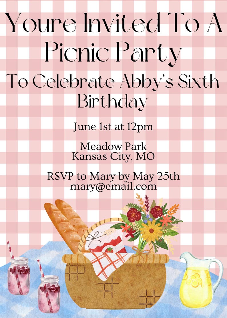 Editable Picnic Party Birthday Party Invitation Template for All Ages ...