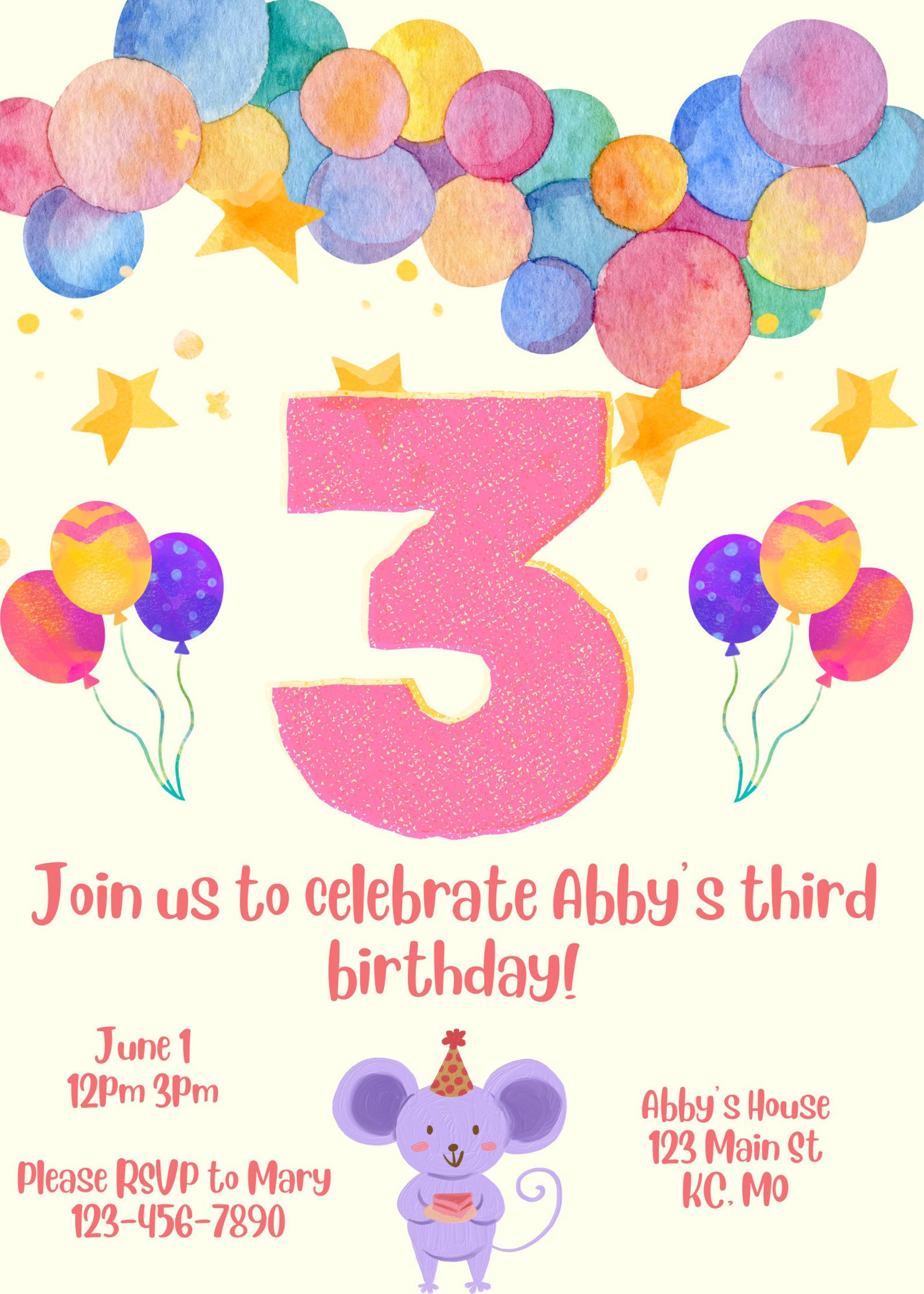 Editable Third Birthday Party Invitation With Cute Birthday Mouse - Etsy