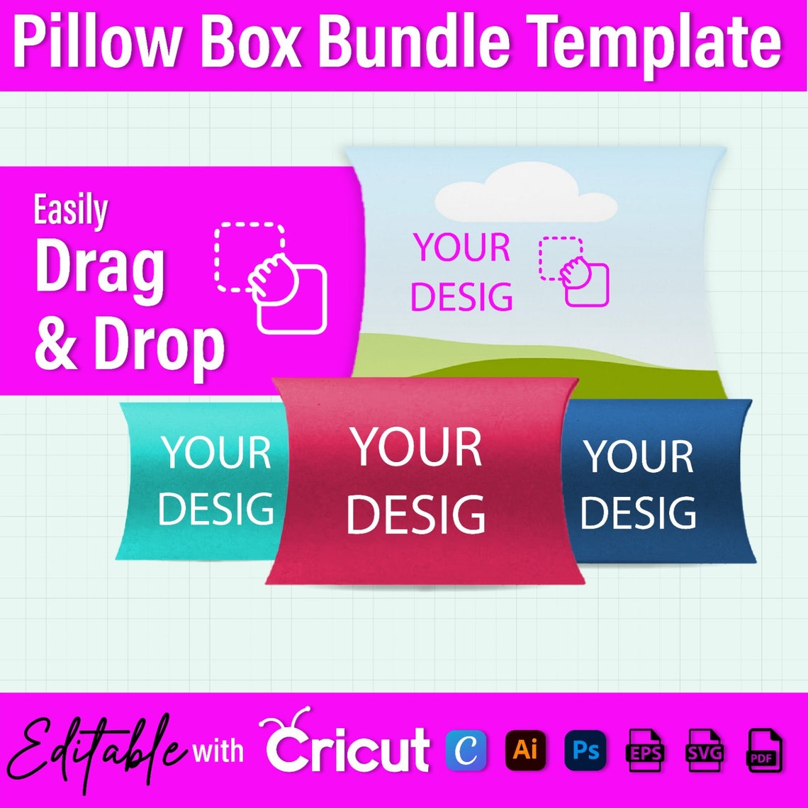 Pillow Box Template Bundle, Pillow Box Svg, Foldable Pillow Box, Party ...