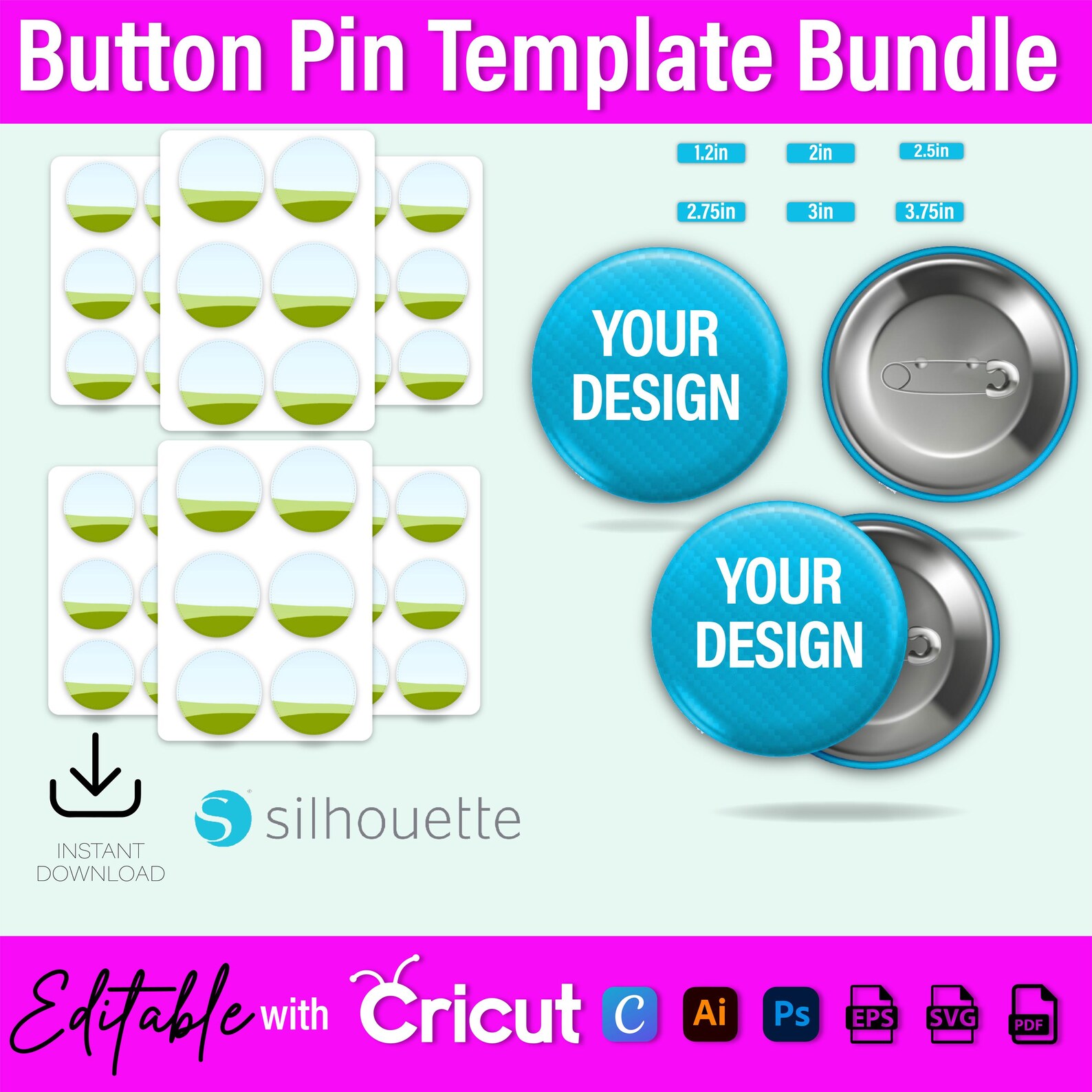 Button Pin Template Bundle, Button Pin Svg, Pinback Buttons ...