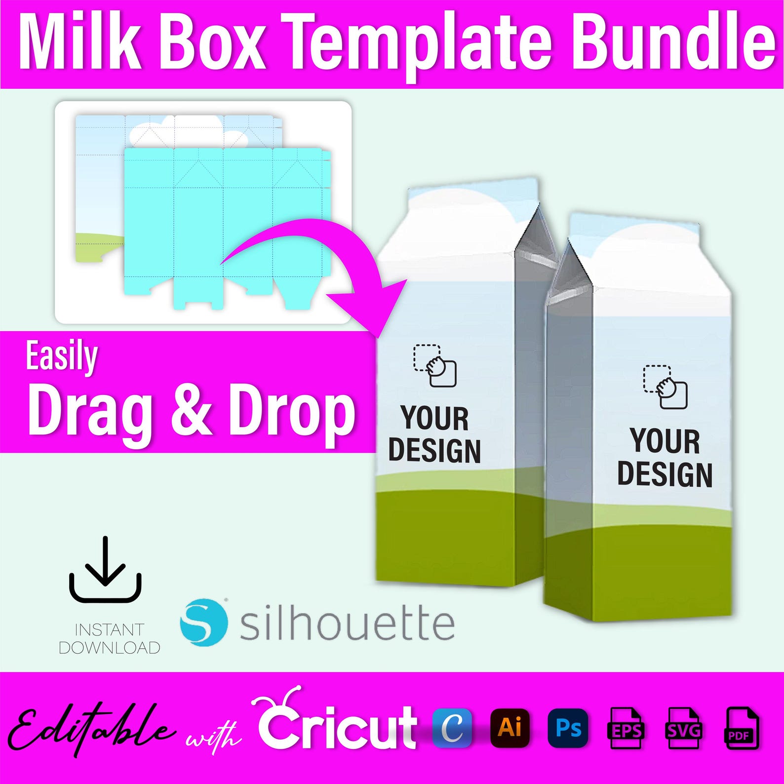 Milk Box Template Bundle, Milk Carton Box Svg, Milk Box Favor Box, Gift ...
