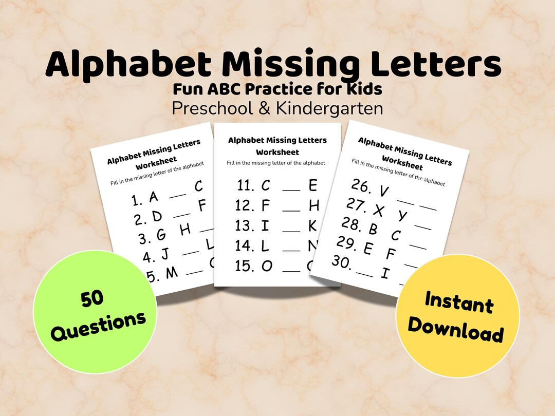 50 Alphabet Missing Letters Worksheets, ABC Learning Activity for ...