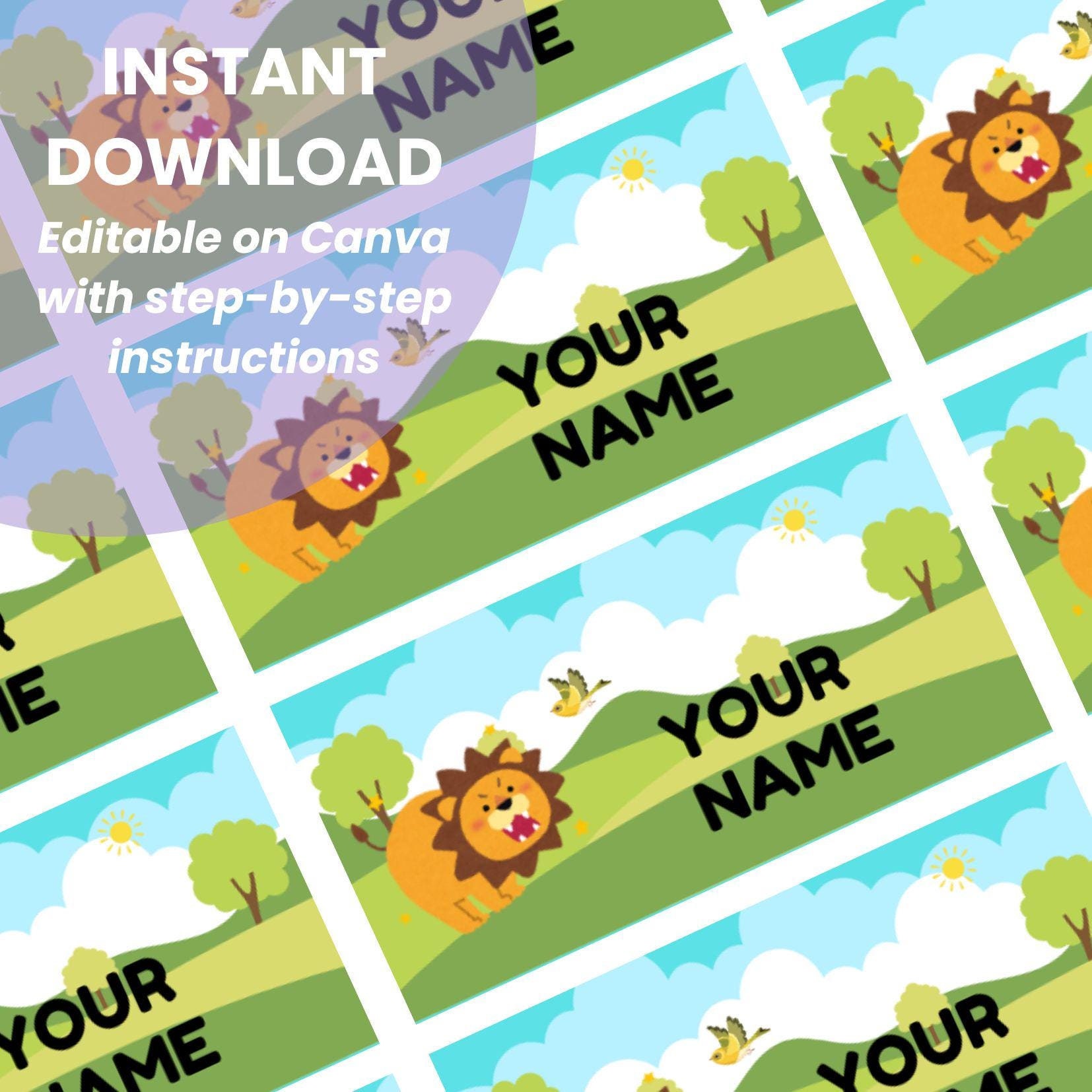 Personalised Lion Name Sticker Label Instant Digital Download Editable ...