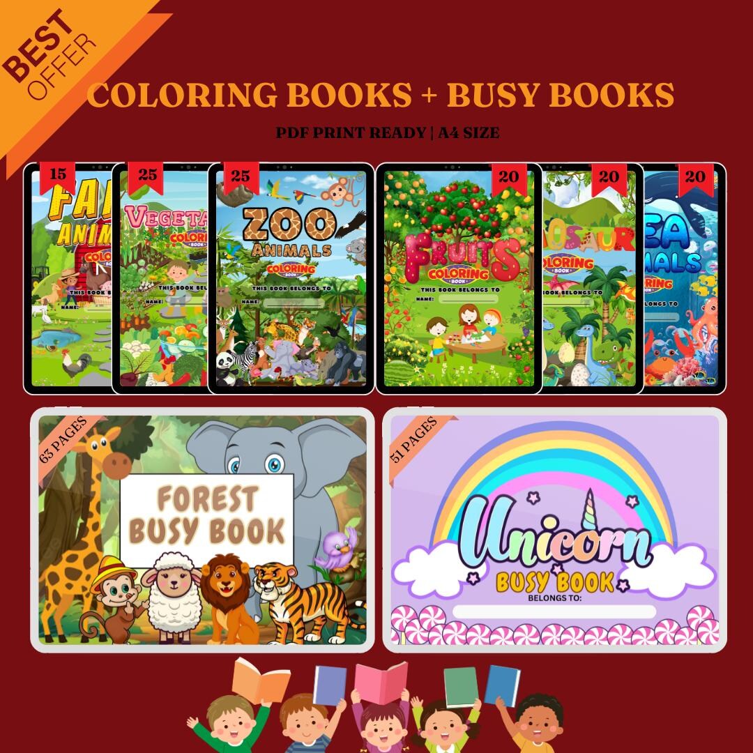 Kids Activity Busy Book Bundle, Coloring Books Set, Fun Art Activity ...