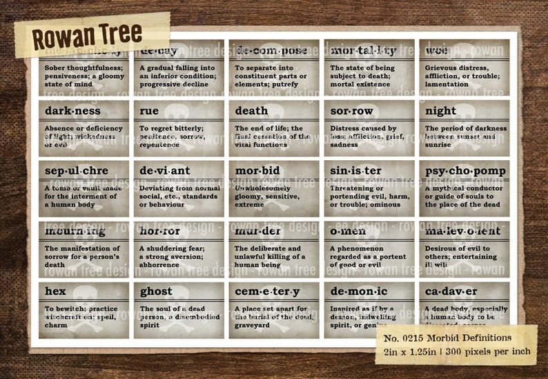 MORBID DICTIONARY DEFINITIONS Digital Collage Sheet 2x1.25in - No. 0215 ...