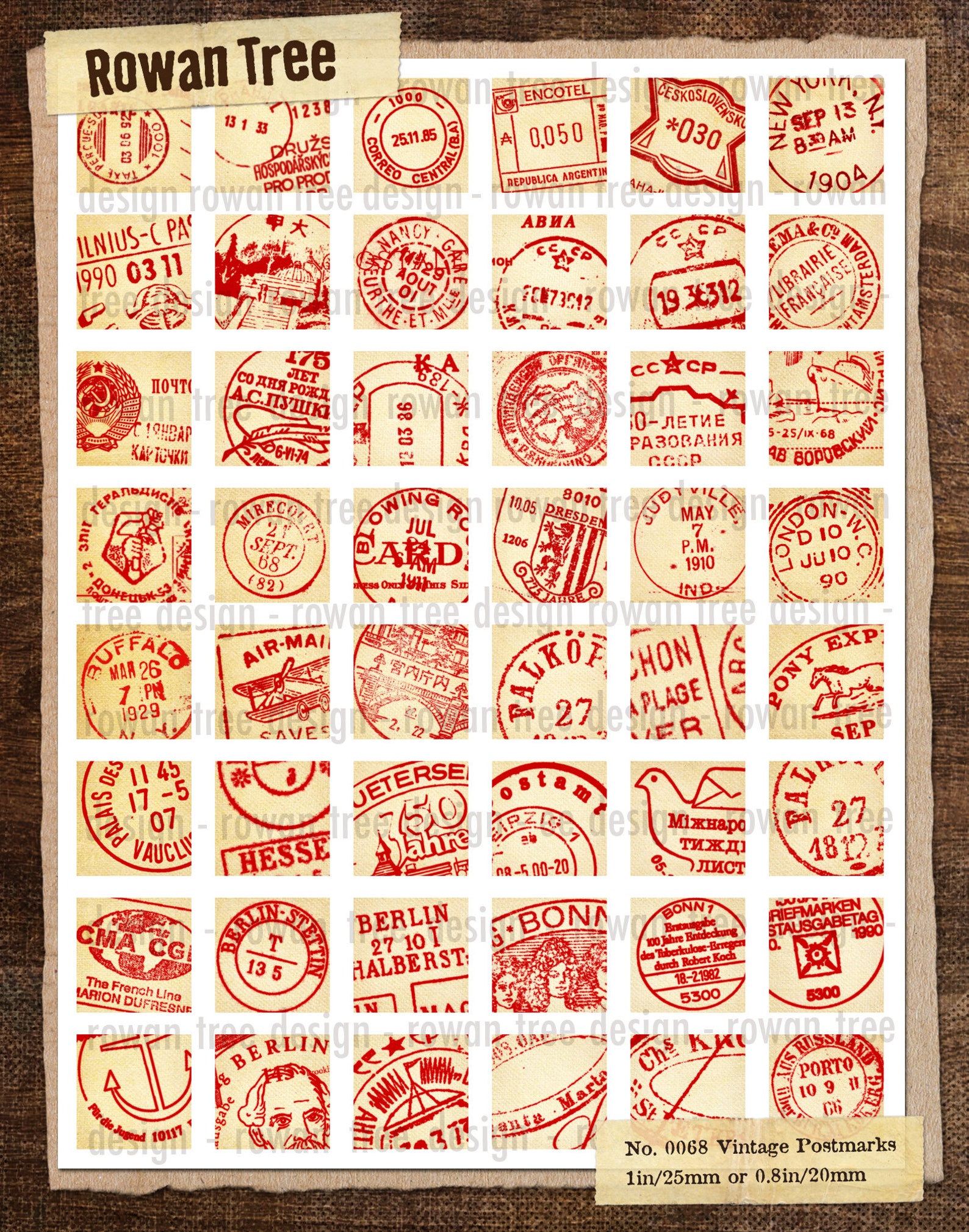 VINTAGE POSTMARKS Digital Collage Sheet Squares 1in/25mm 0.8mm/20mm ...