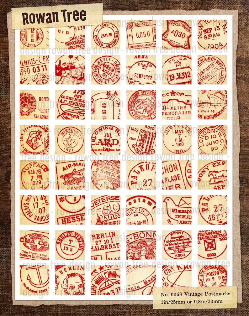 VINTAGE POSTMARKS Digital Collage Sheet Squares 1in/25mm 0.8mm/20mm ...