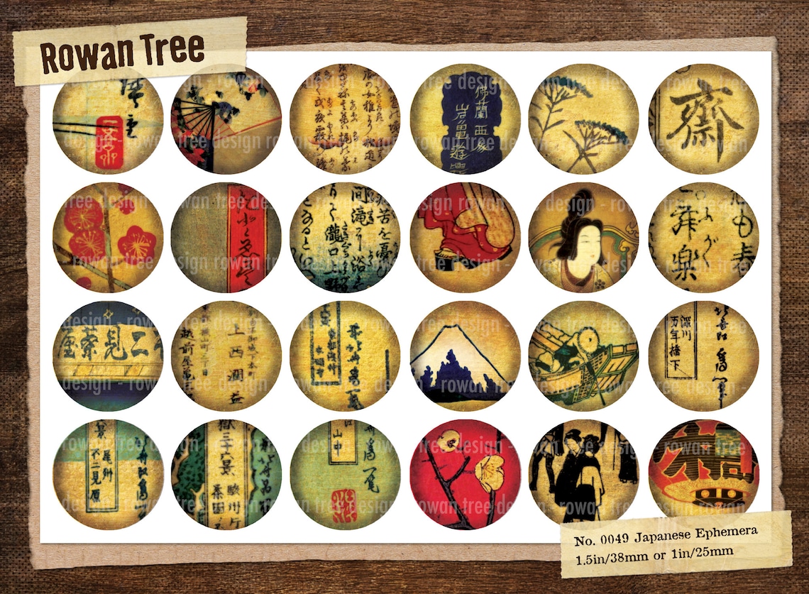 JAPANESE EPHEMERA Digital Collage Sheet 1.5in or 1in Circles - No. 0049 ...