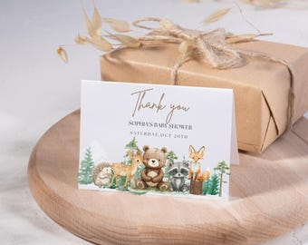 EDITABLE Woodland Forest Animals Folded Thank You Card Deer Bear Fox ...