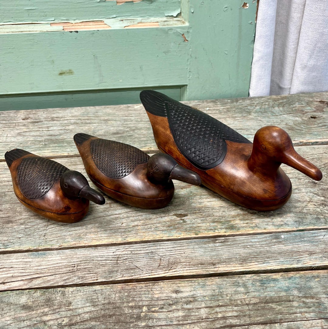 Vintage Hand Carved Wood Duck Decoy Trinket Boxes, Signed, Three Sizes ...