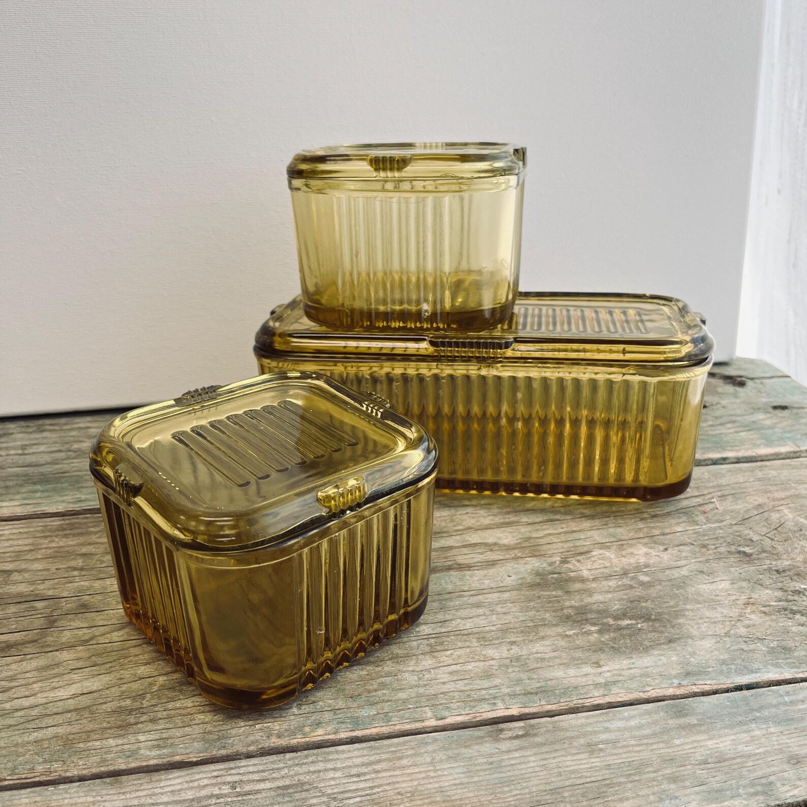 Set of 3 Glass Refrigerator Dishes, Federal Glass Company, Ribbed Amber ...