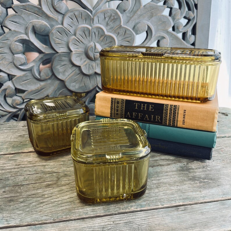 Set of 3 Glass Refrigerator Dishes, Federal Glass Company, Ribbed Amber ...
