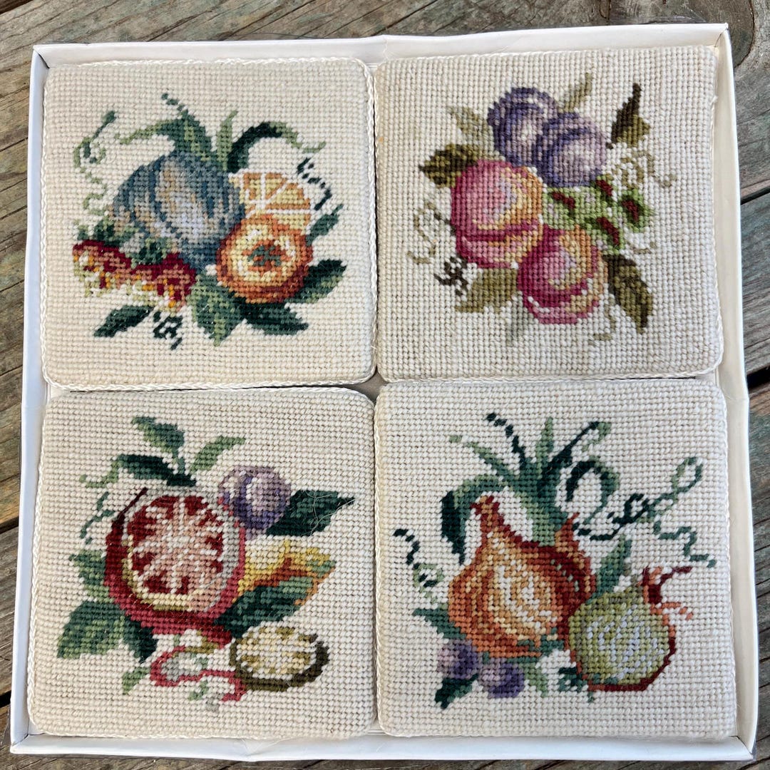 Vintage Needlepoint Drink Coasters. Set of 4. Produce Themed. Excellent ...