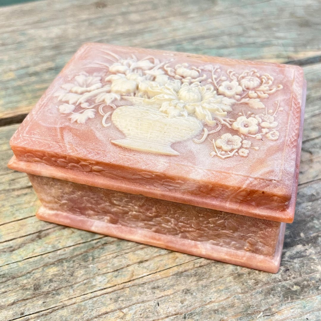 Vintage Handcrafted Incolay Pink Stone Trinket, Jewelry Box, Floral ...