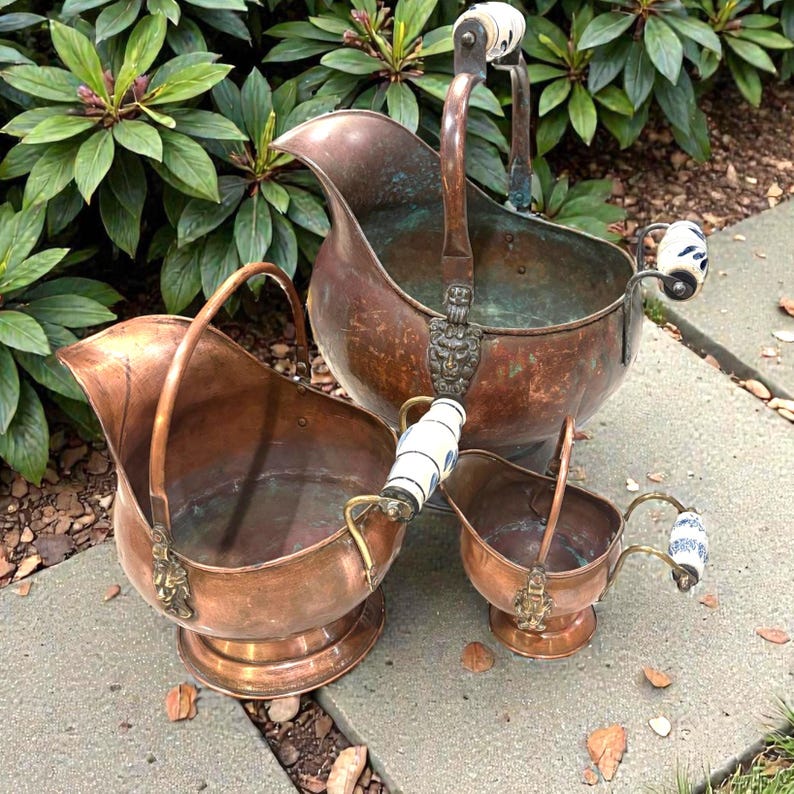 Vintage Copper & Brass Coal Scuttles, Plant Buckets With Delft Handles ...