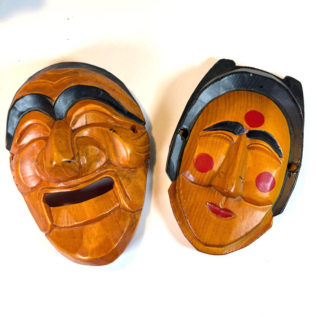 Set of 2 Vintage Korean Ceremonial Hahoe Tal Masks Hand Carved Wood Man ...